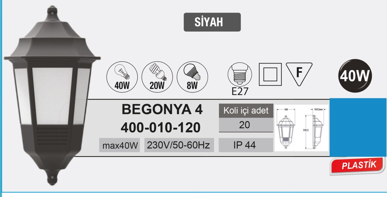 Horoz begonya 4 bahçe armatür aplik ( siyah )